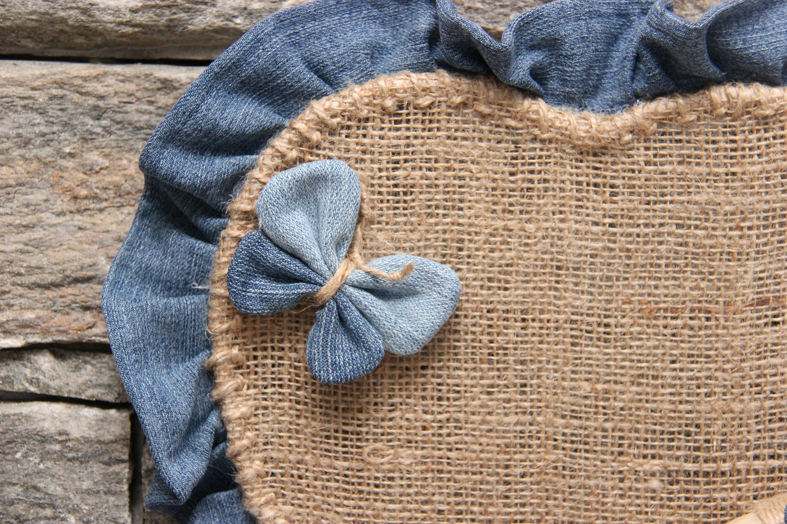 Hanging Denim & Burlap Heart Decor With Butterflies, Large Denim Wall ...