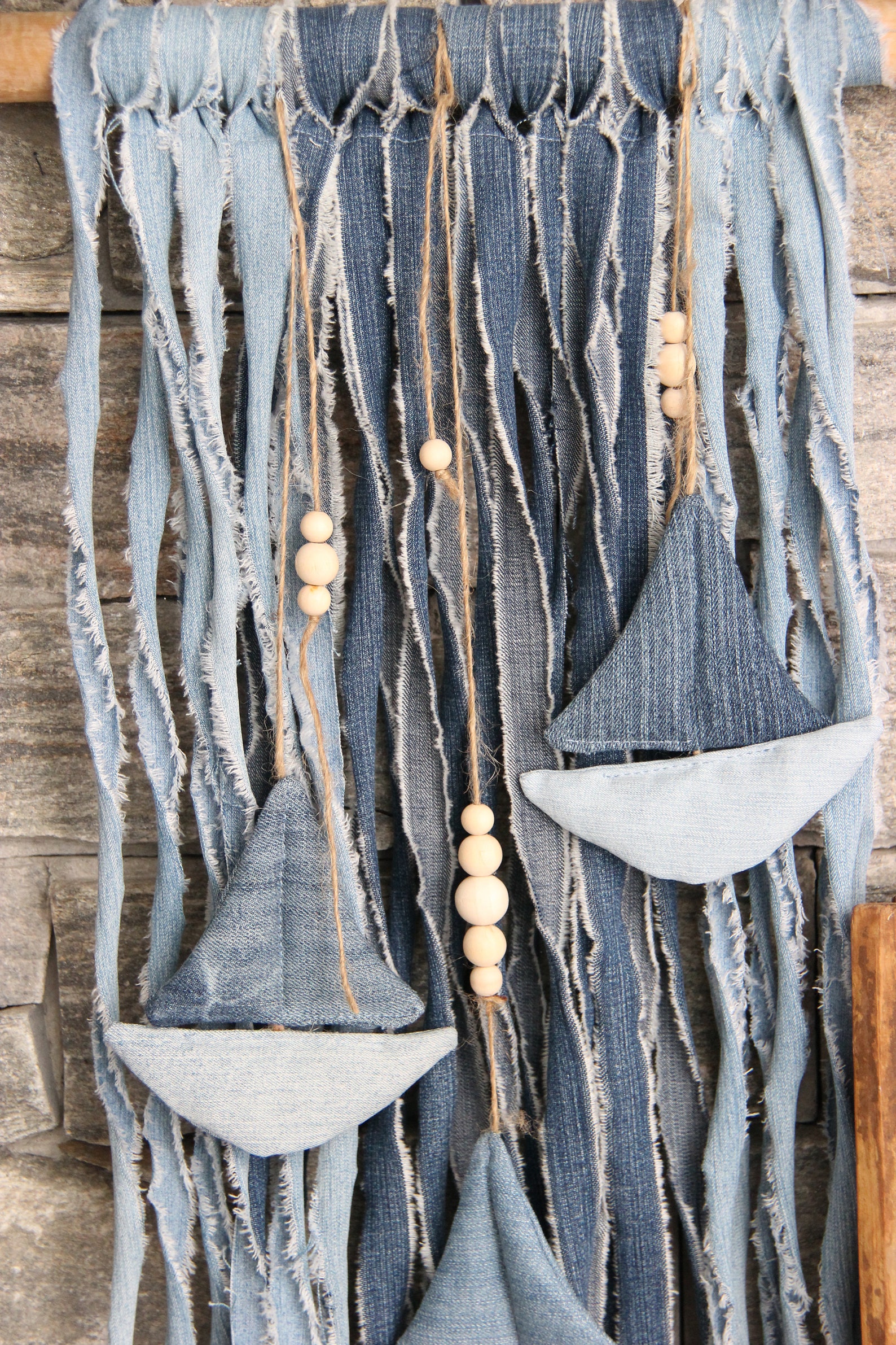Recycled Denim Sailboat Wall Decor on Driftwood With Denim Rag Fringes ...