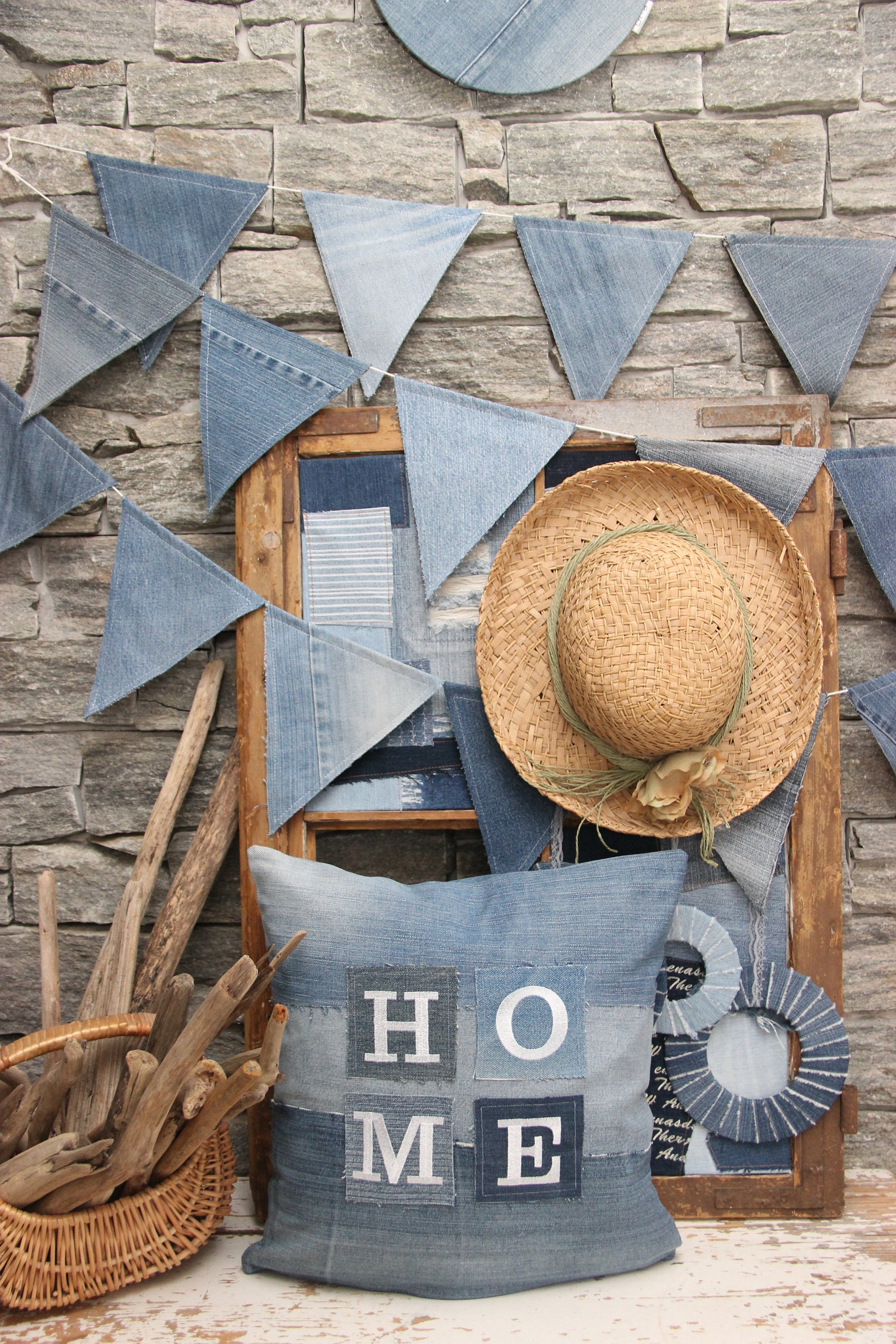 Upcycled Denim Cushion With Welcome Home or Home Letters Embroideries ...