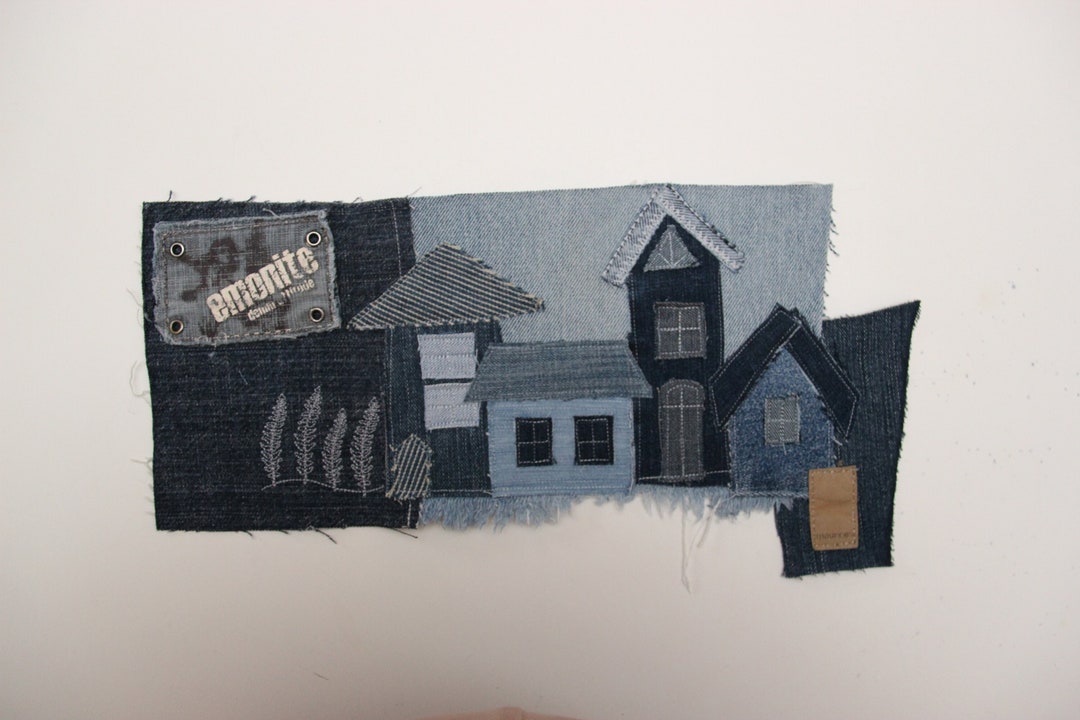 Denim Scrap Patch With Houses Ornament , Houses Scrap Patch , Large Sew ...