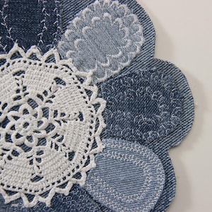 Recycled Denim and Crocheted Doily Flower Patches , Denim Flower Sew on ...