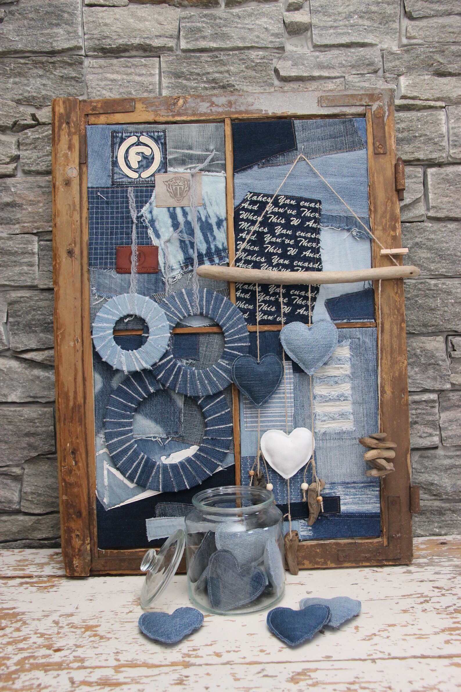 Upcycled Denim Hearts, Stuffed Heart Ornament, Valentines Day Decor ...
