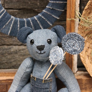 Recycled Denim Teddy Bear With Lollipops and Drawstring Bag, Stuffed ...