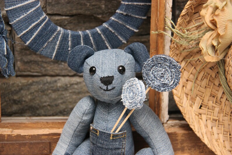 Recycled Denim Teddy Bear With Lollipops and Drawstring Bag, Stuffed ...