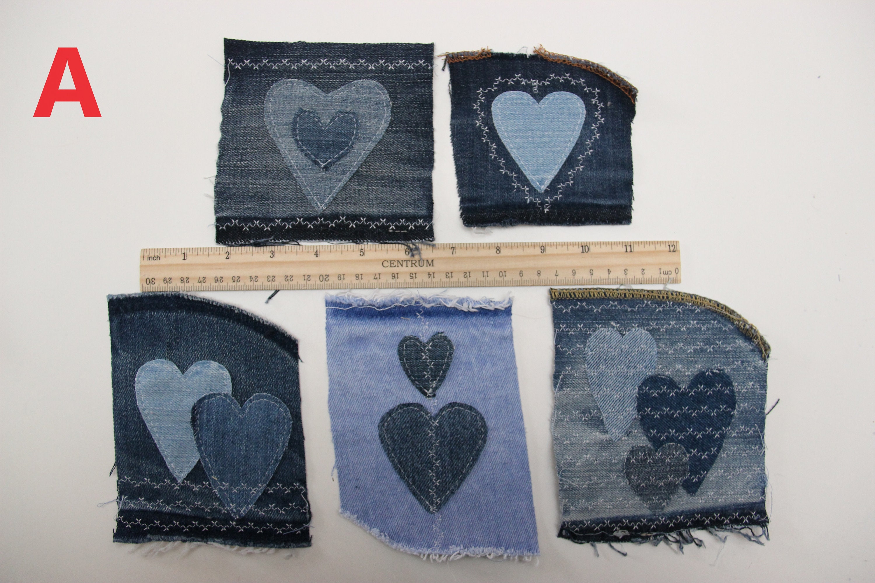 Denim Heart Patch Set , Set of 5 Sew on Patches , Upcycled Denim Patch ...