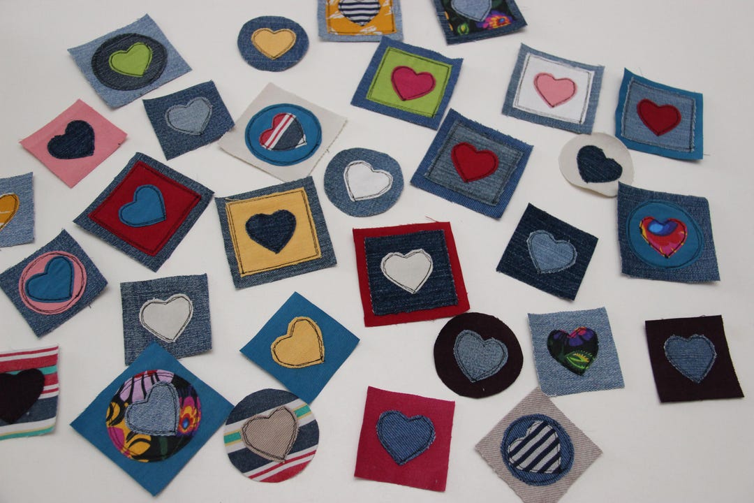Set of 10 Colorful Denim Heart Patches , Recycled Denim Heart Patches ...