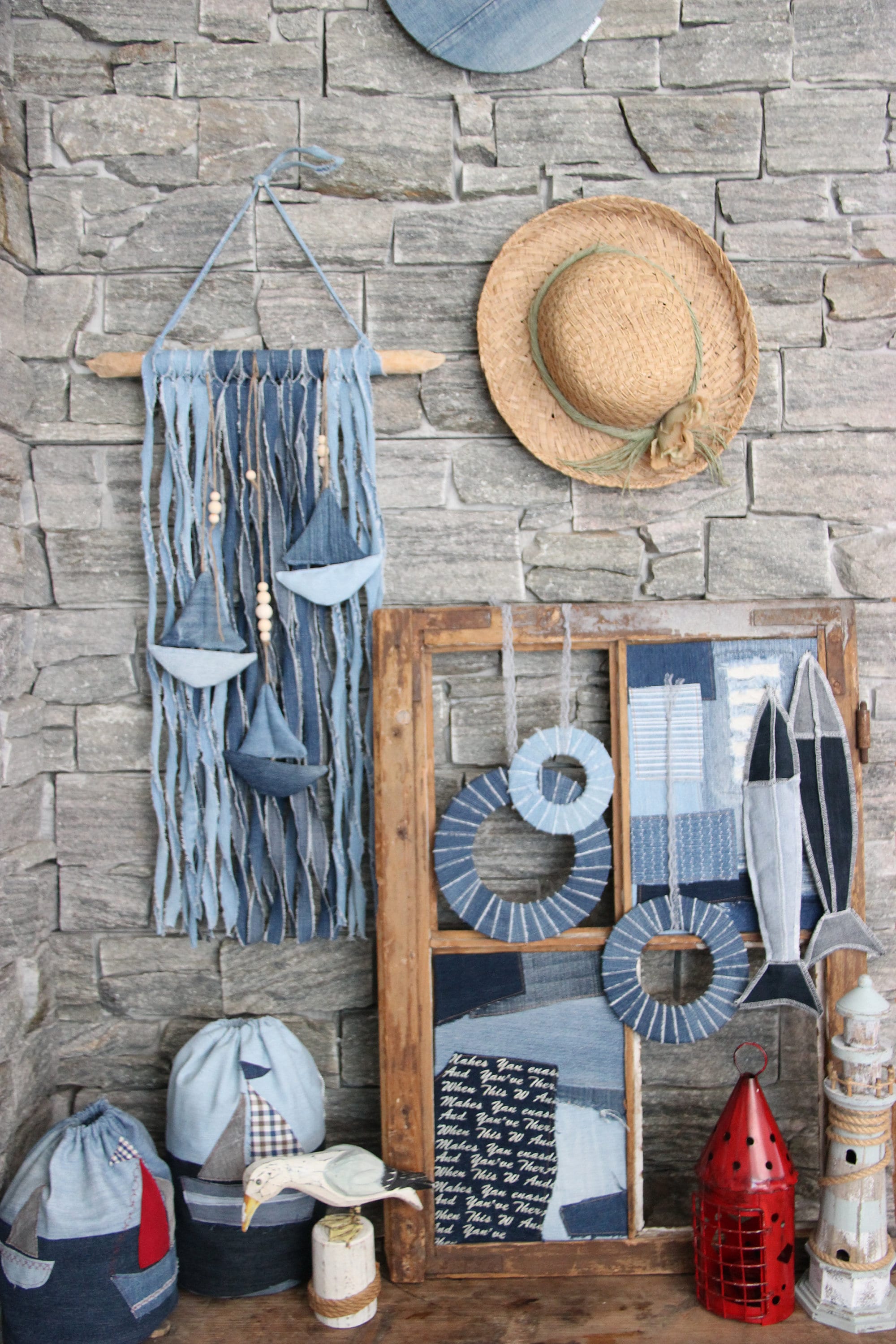 Recycled Denim Sailboat Wall Decor on Driftwood With Denim Rag Fringes ...