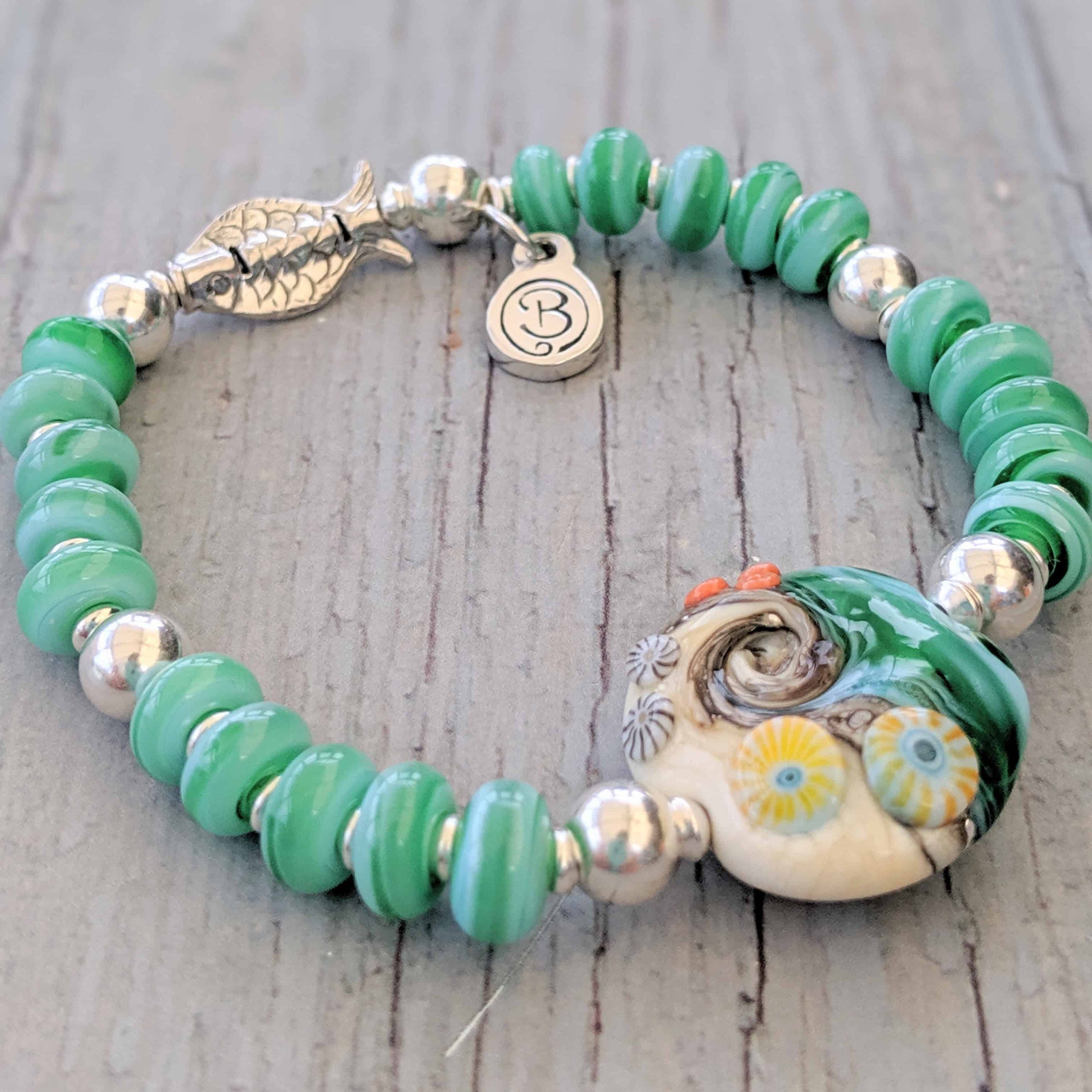 Sand & Sea Silver Fish Bracelet Handmade Glass Beads Beach Art Glass UK ...