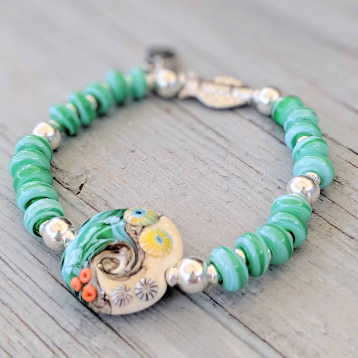 Sand & Sea Silver Fish Bracelet Handmade Glass Beads Beach Art Glass UK ...