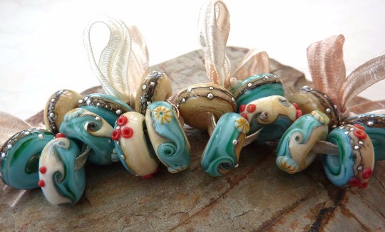 Big Hole Bead Set in Sand and Sea Design Handmade Glass Beads - Etsy