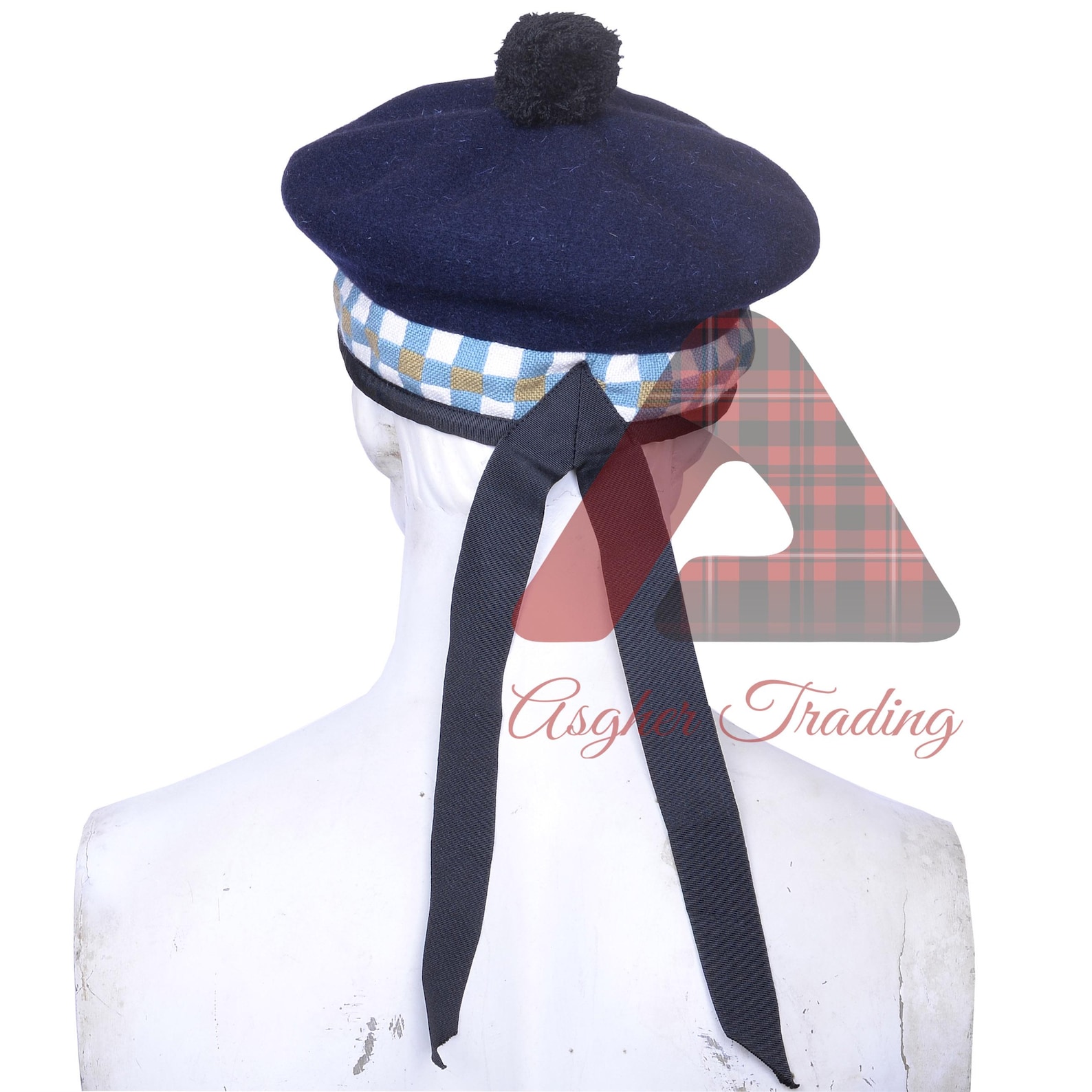 Scottish Highlander KILT Hat 100% Navy Blue Wool Bonnet Hat Tan Blue ...
