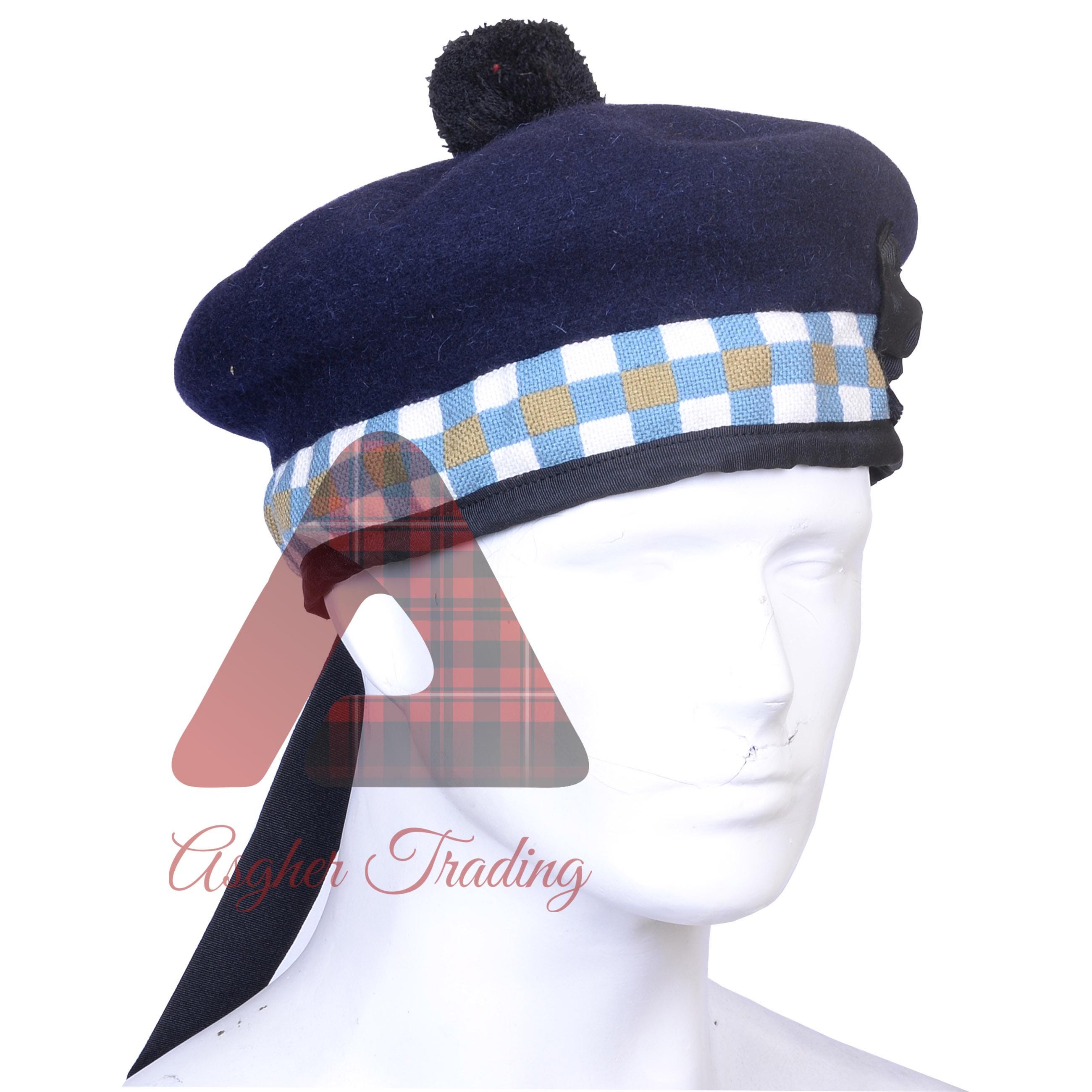 Scottish Highlander KILT Hat 100% Navy Blue Wool Bonnet Hat Tan Blue ...