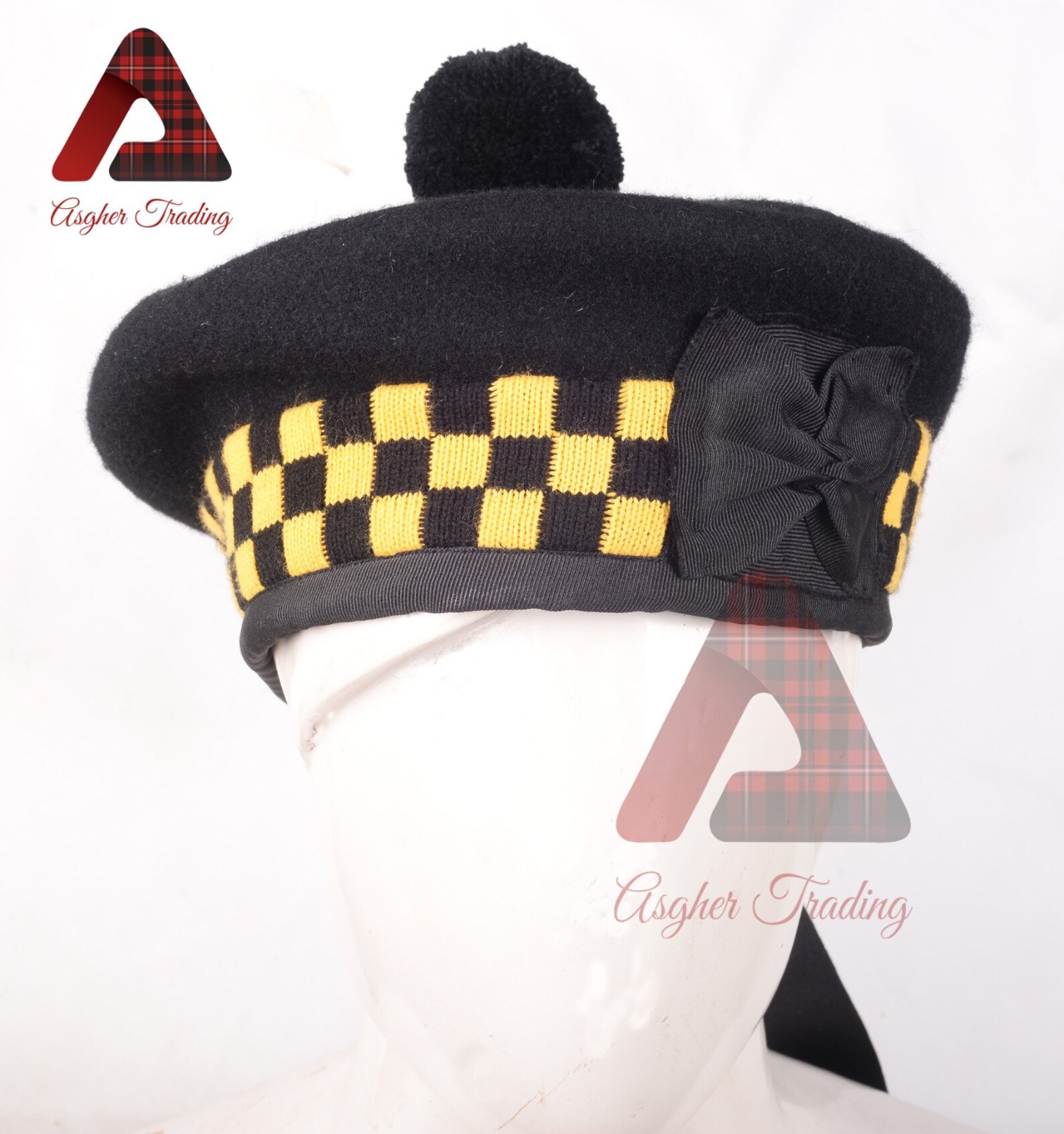 Scottish Highlander KILT Hat 100% Black Wool Bonnet Hat Yellow & Black ...