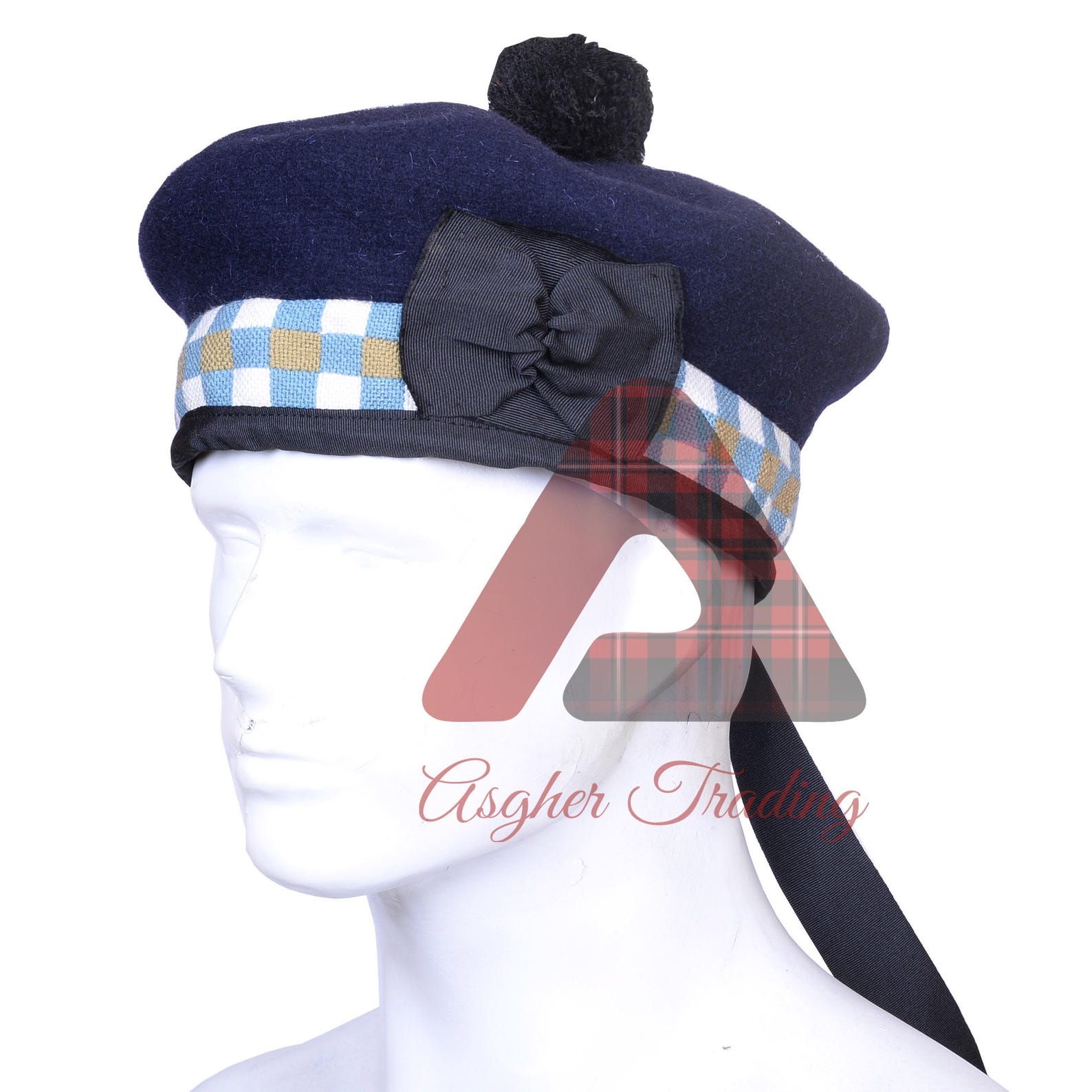 Scottish Highlander KILT Hat 100% Navy Blue Wool Bonnet Hat Tan Blue ...