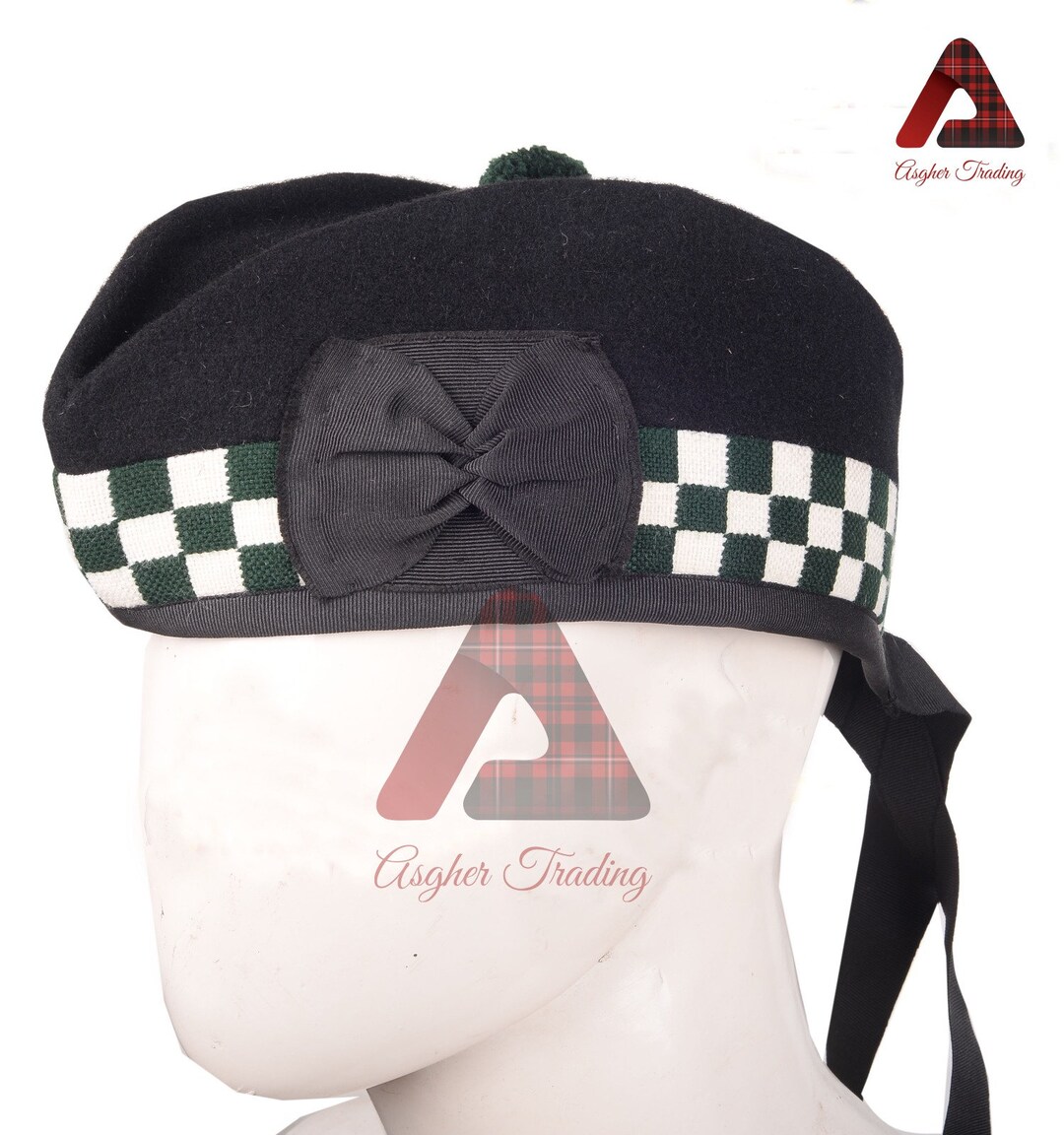 Scottish Highlander Military Piper Green & White Double DICED GLENGARRY ...