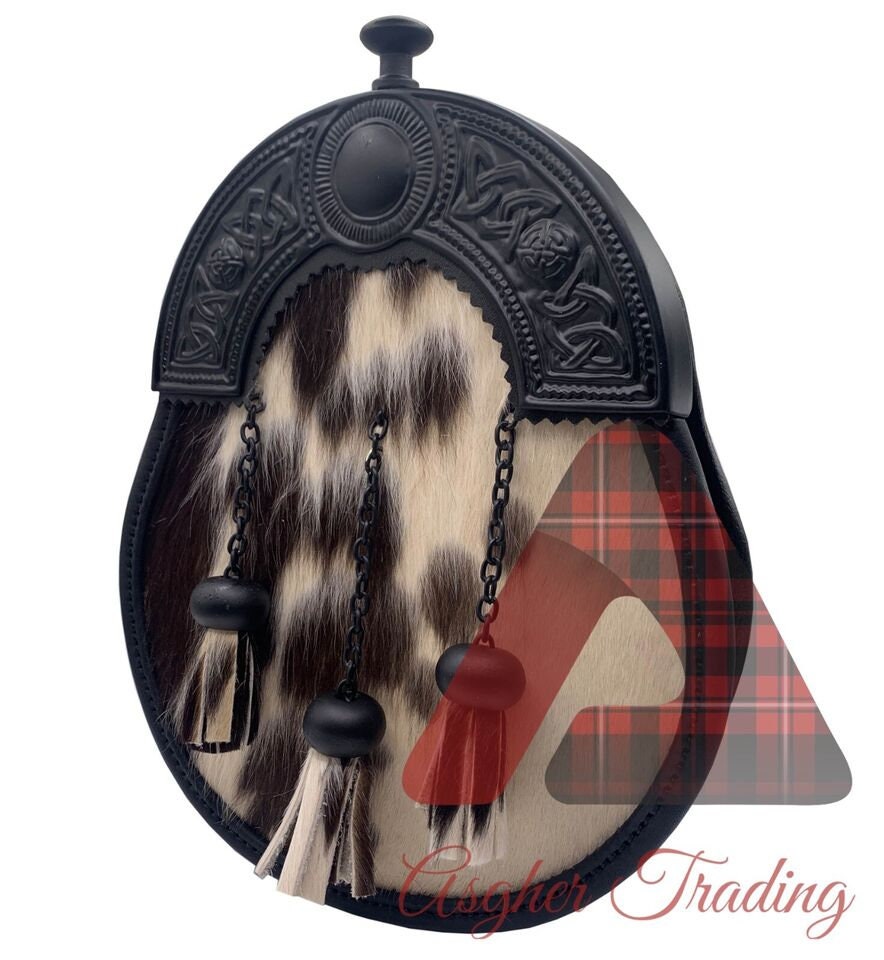 Scottish Kilt SPORRAN Full Dress Sporran Celtic Cantle Black Finish Cow ...