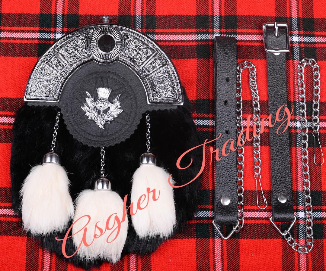 Scottish Kilt Sporran: Black Rabbit Fur, Celtic Thistle, White Tassels ...