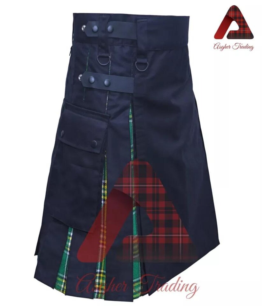 Scottish KILT for Men - Black Cotton With Irish Tartan Hybrid UTILITY Kilts - ST Patrick Day ...