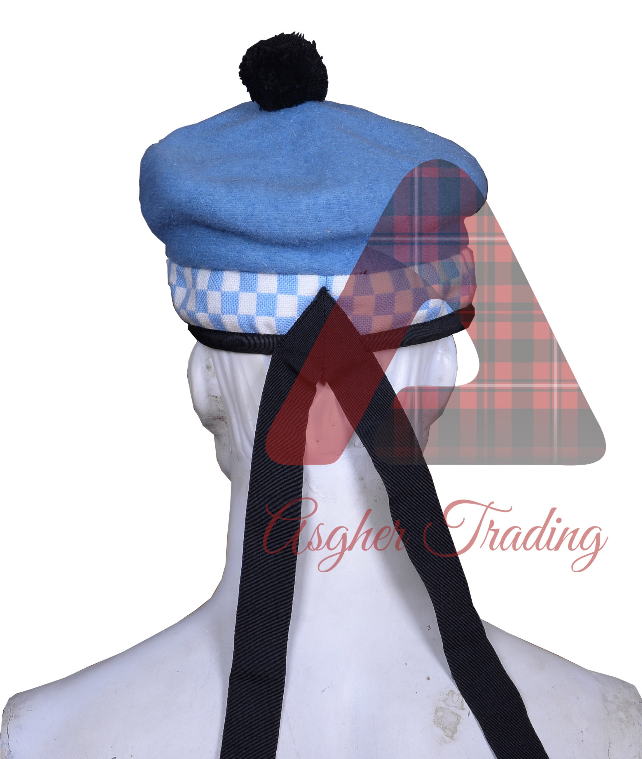 Scottish Highlander KILT Hat 100% Sky Blue Wool Bonnet Hat Blue & White ...