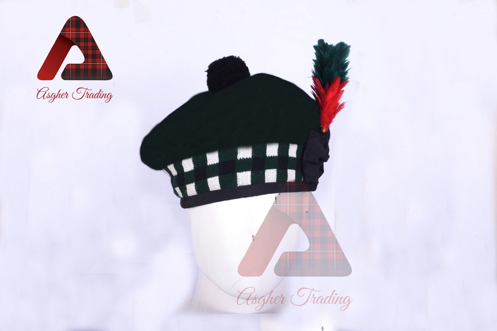 Scottish Highlander KILT Hat 100% Green Wool Bonnet Hat Green Black ...