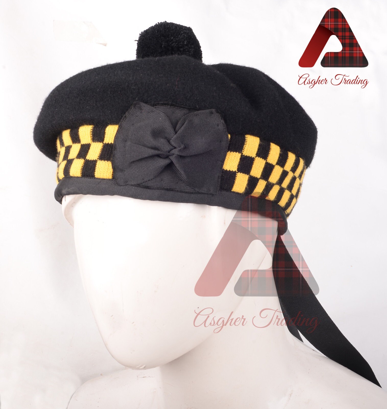 Scottish Highlander KILT Hat 100% Black Wool Bonnet Hat Yellow & Black ...