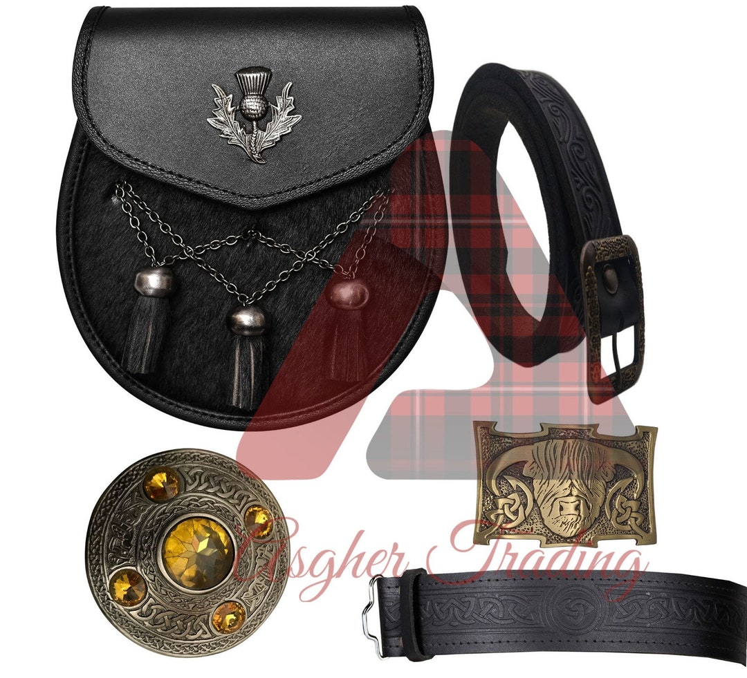 Scottish Thistle Badge Kilt Sporran With Embossed Sporran Strap Fly Plaid Antique Brooch ...