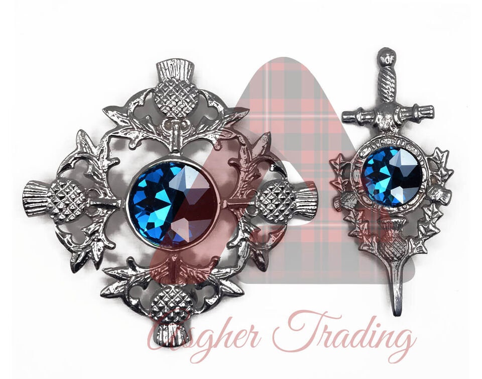 Kilt Fly Plaid Thistle Design Brooch and Kilt Pin With Stone Highland ...