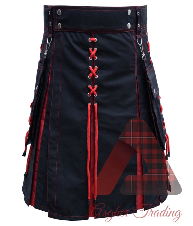 Scottish Red Pleats Hybrid Laces Kilt 100% Cotton Jeans - Handmade Utility Kilt for Men's ...