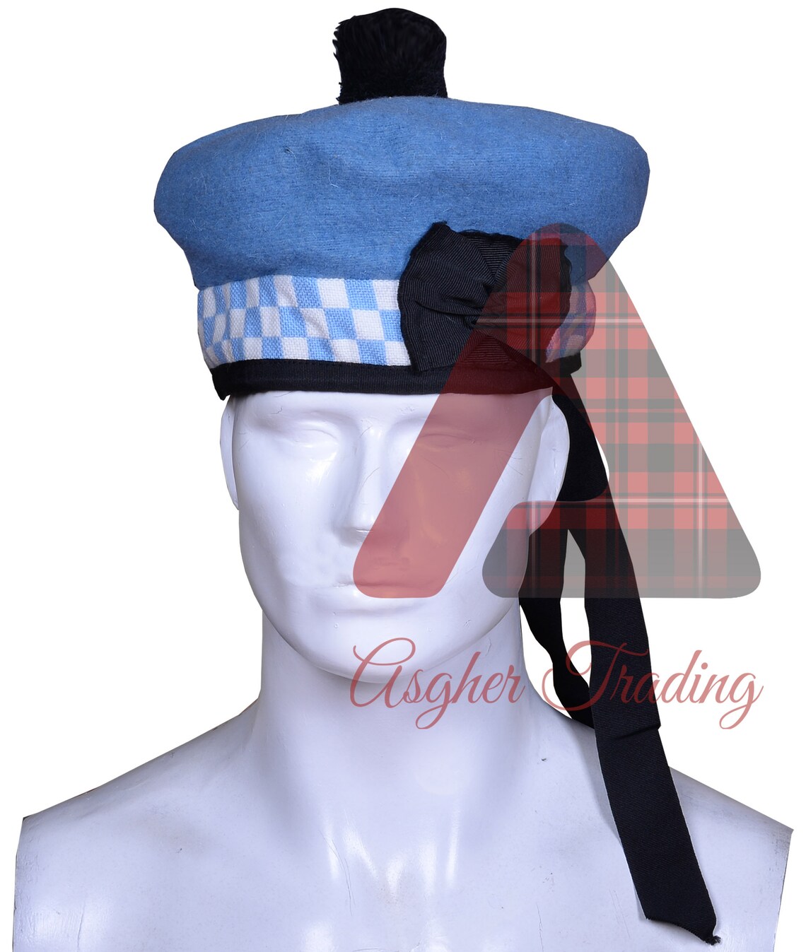 Scottish Highlander KILT Hat 100% Sky Blue Wool Bonnet Hat Blue & White ...