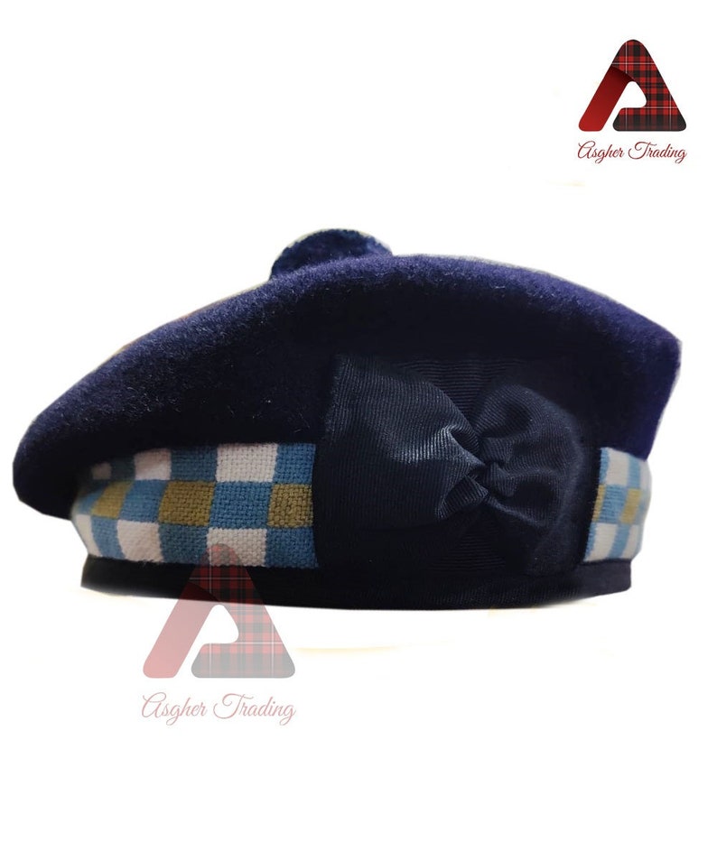 Scottish Highlander KILT Hat 100% Navy Blue Wool Bonnet Hat Tan Blue ...