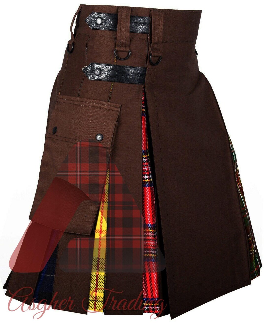 Scottish Handmade LGBTQ Pride Kilt Leather Straps Kilt Brown Cotton ...