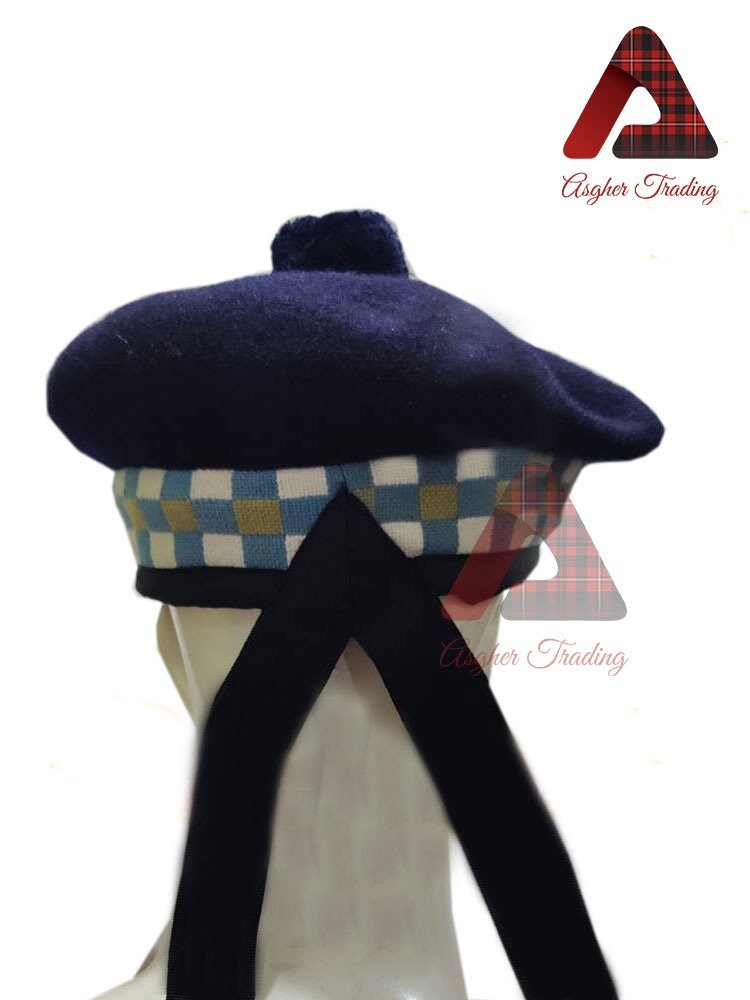 Scottish Highlander KILT Hat 100% Navy Blue Wool Bonnet Hat Tan Blue ...