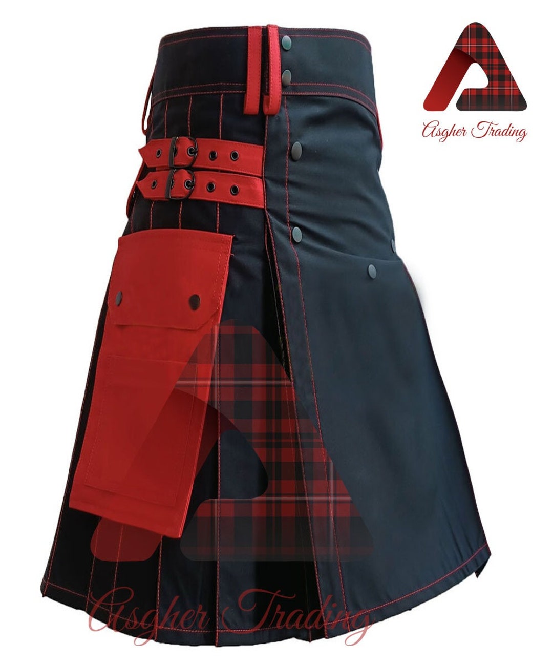 Scottish Handmade Black With Red Cotton Hybrid Kilt - Custom Size Kilts - 100% Cotton Kilt for ...