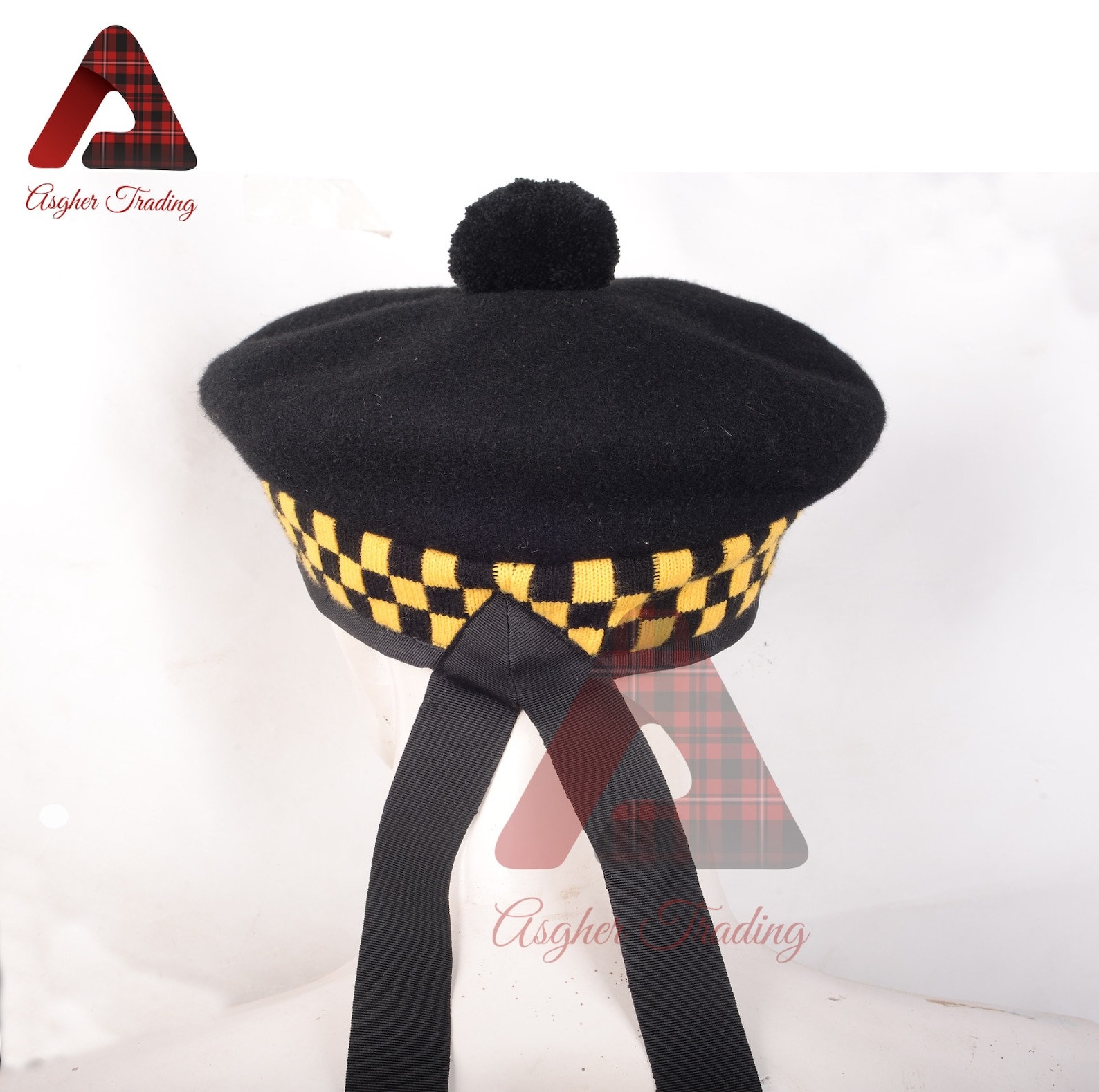 Scottish Highlander KILT Hat 100% Black Wool Bonnet Hat Yellow & Black ...