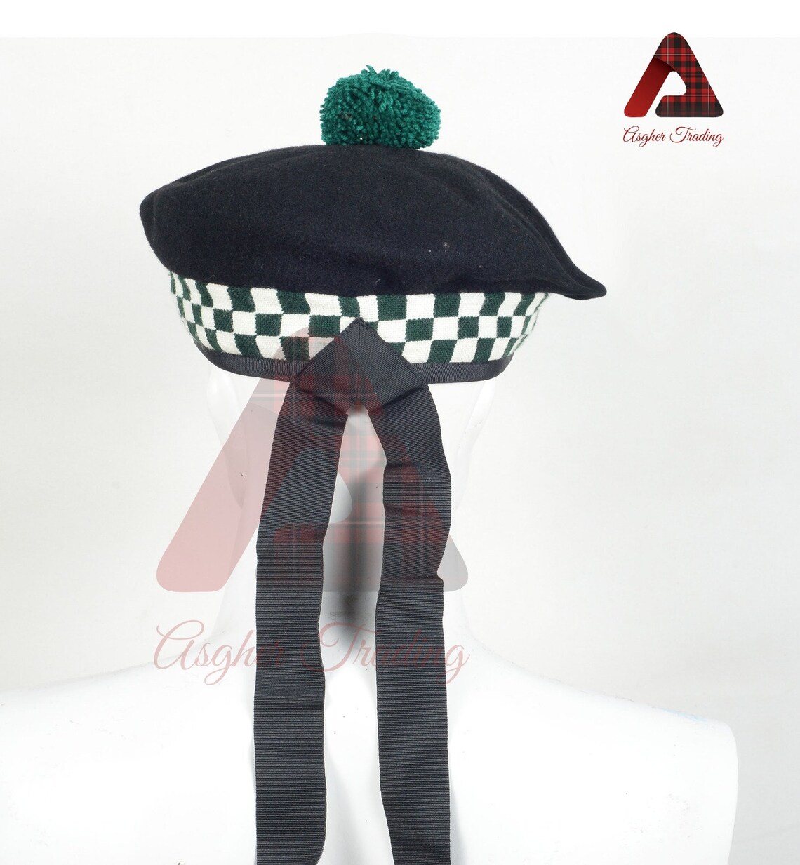 Scottish Highlander KILT Hat 100% Black Wool Bonnet Hat Green & White ...