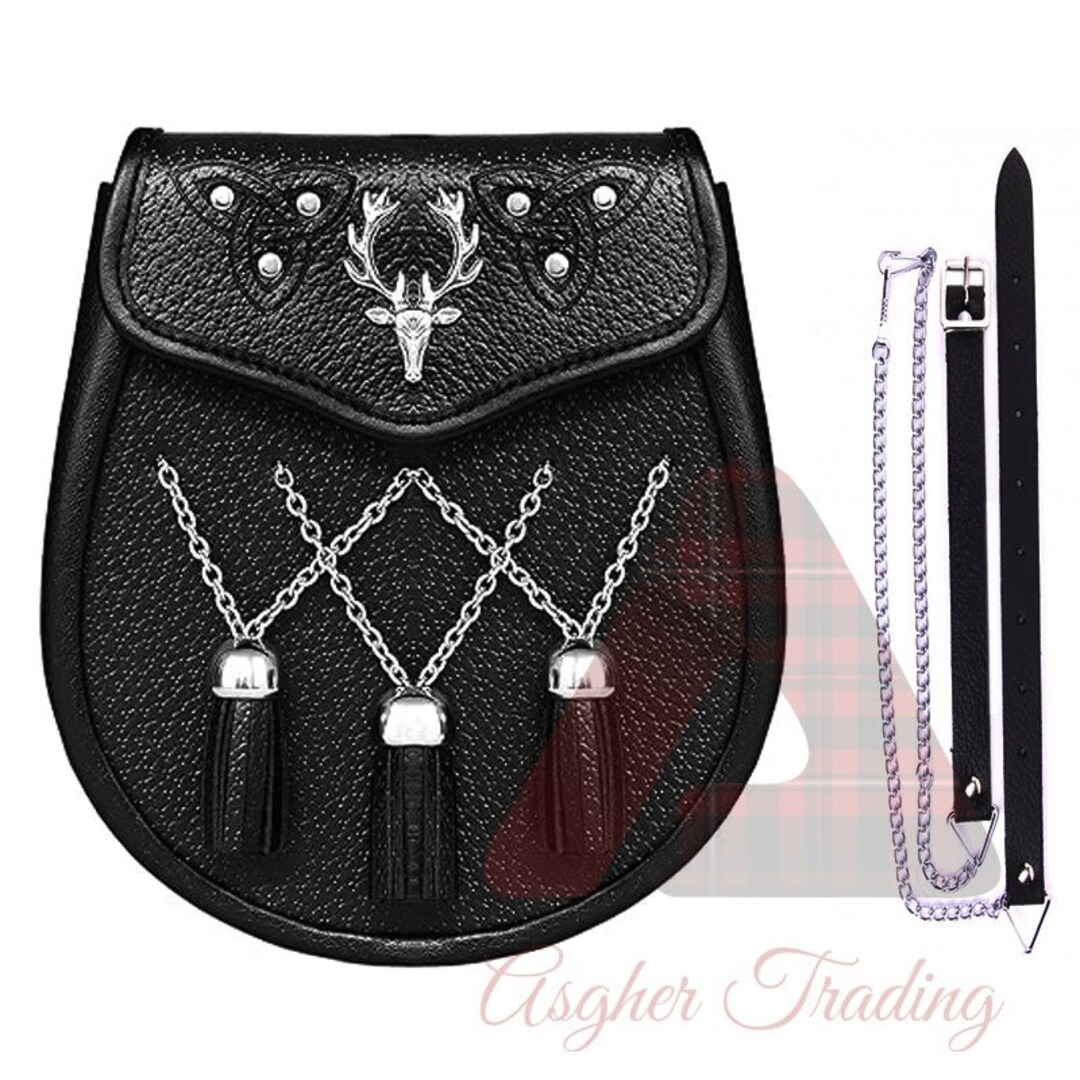 Scottish Semi Dress Kilt Sporran Real Leather Traditional Sporran With Stag Head Badge Celtic ...