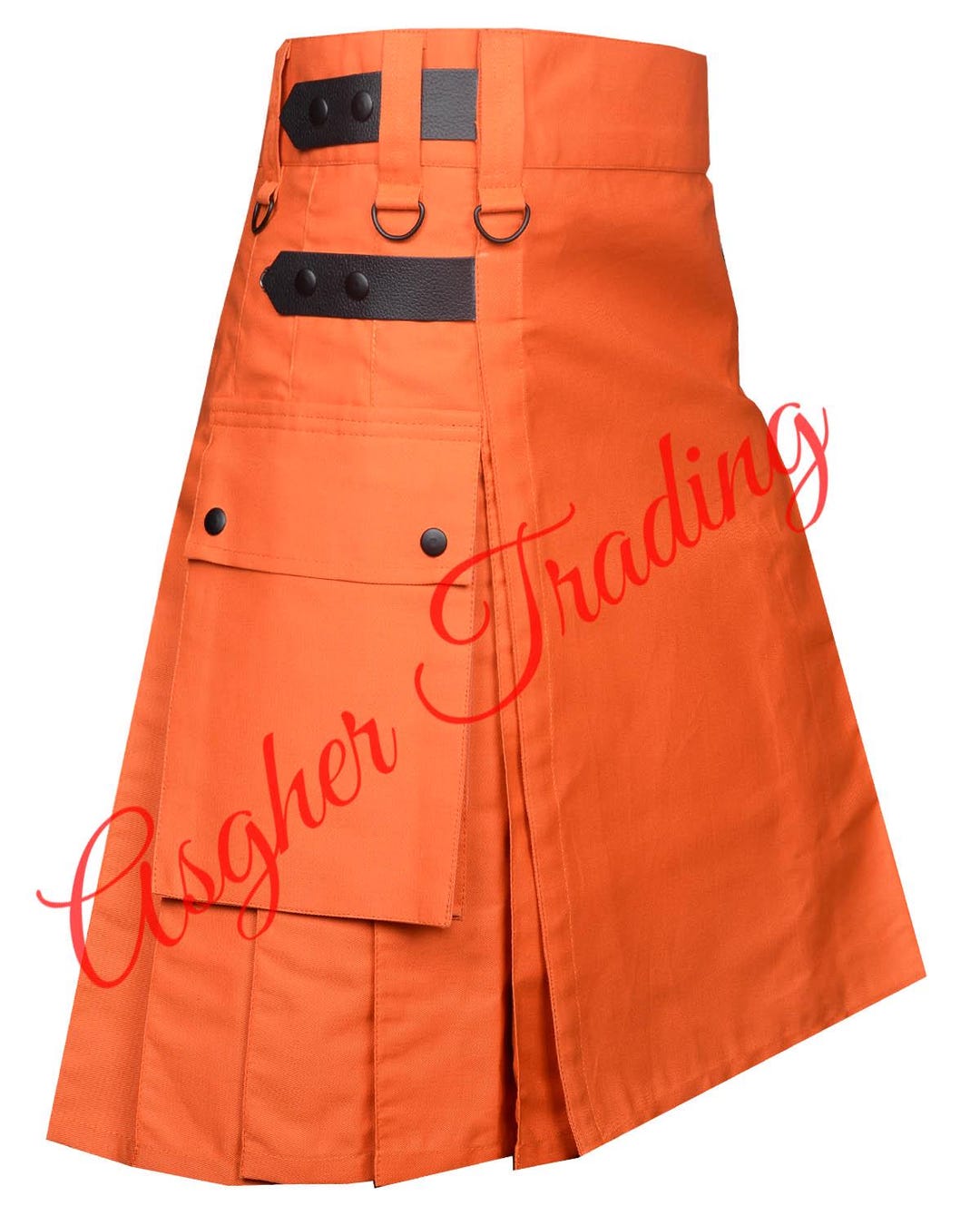 Orange Cotton Utility Kilt: Scottish Handmade Adjustable Leather Straps ...