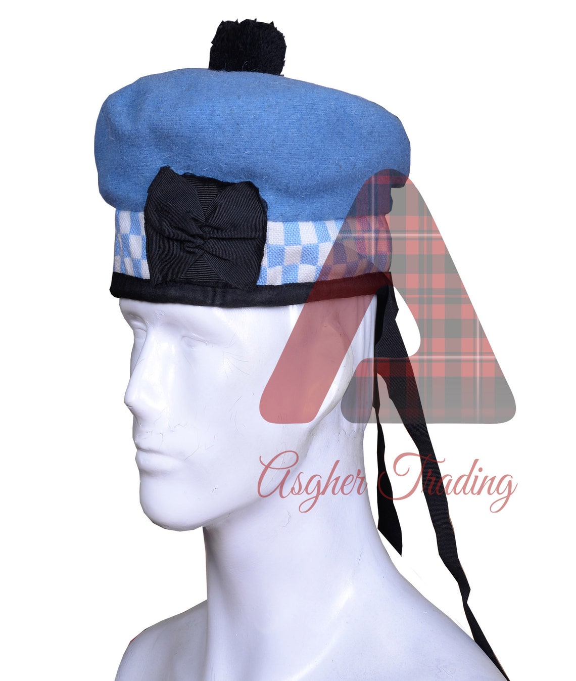 Scottish Highlander KILT Hat 100% Sky Blue Wool Bonnet Hat Blue & White ...