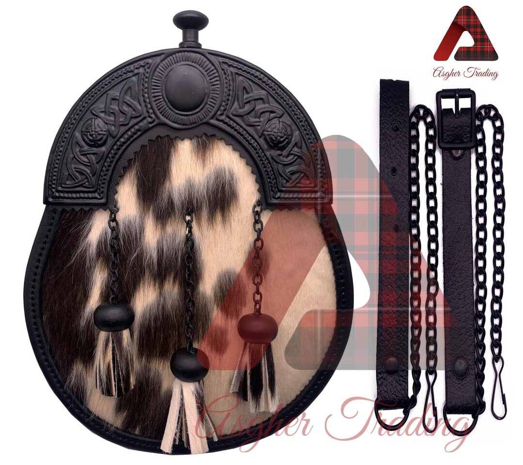Scottish Kilt SPORRAN Full Dress Sporran Celtic Cantle Black Finish Cow ...