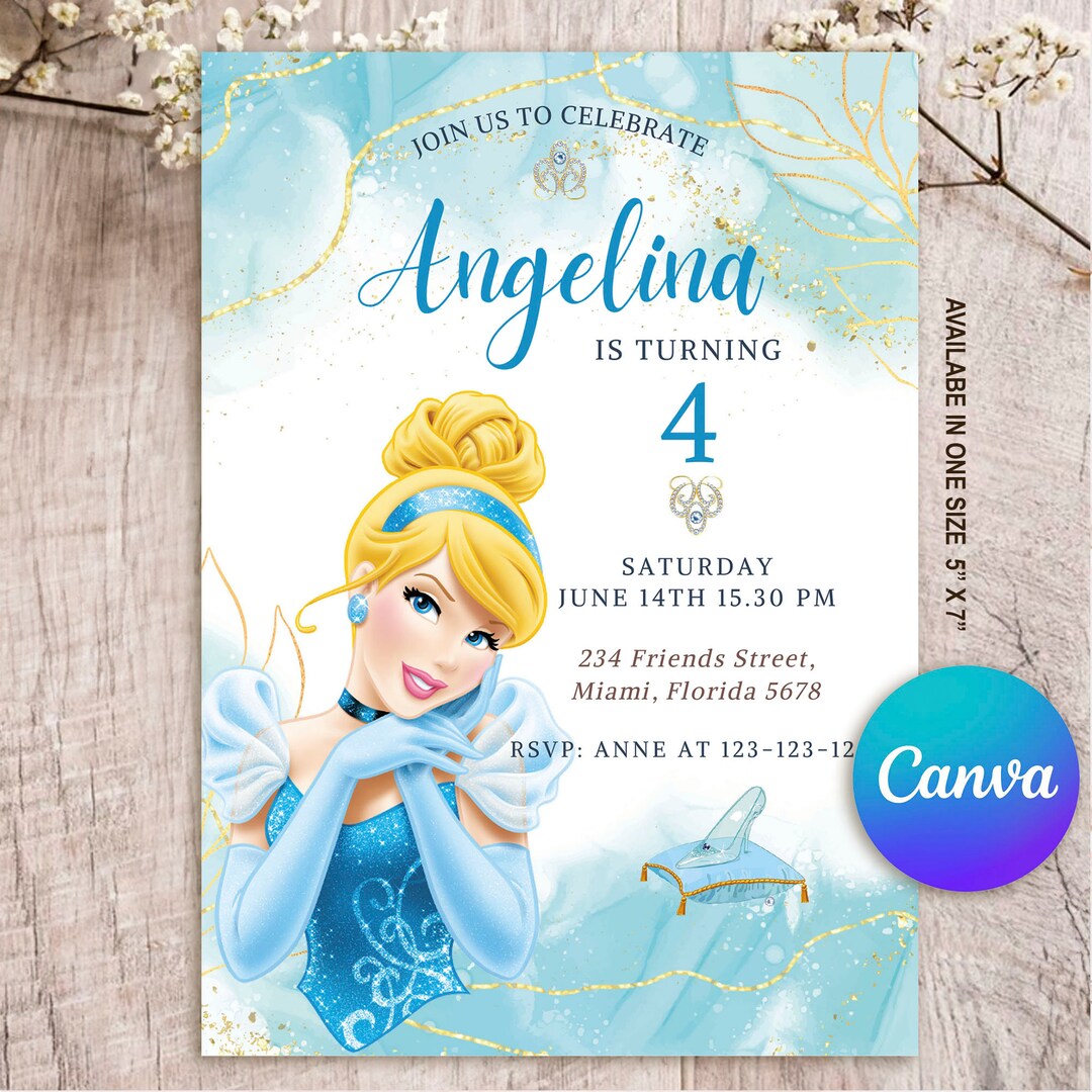 Princess Cinderella Birthday Invitation for Girls, Princess Cinderella ...