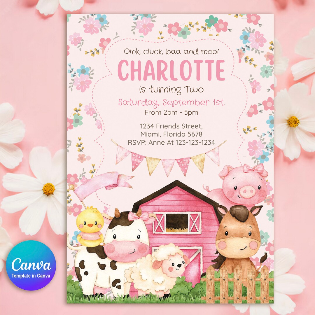 Pink Watercolor Farm Printable Party Invitation for Girls, Flower Farm ...