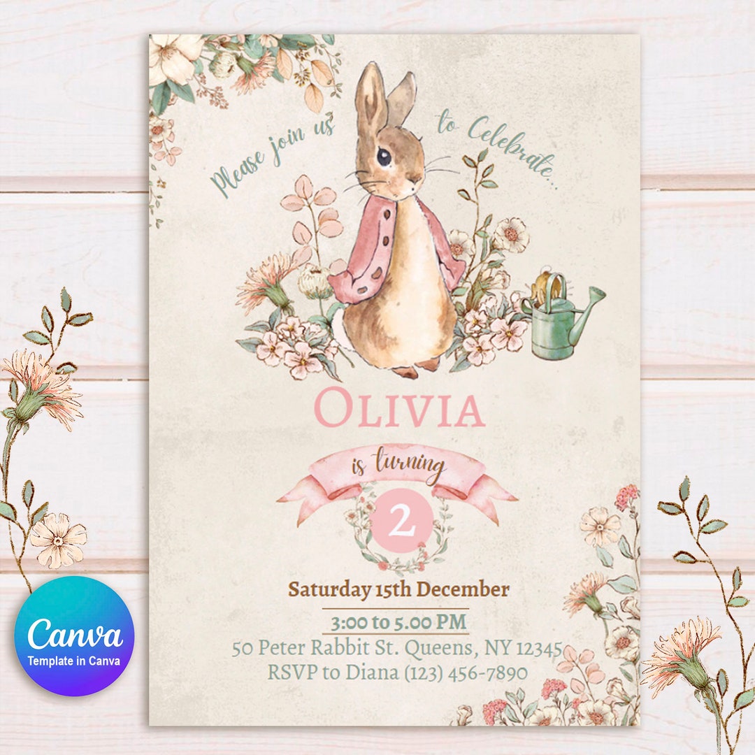 Peter Rabbit Vintage Pink Invitation, Bunny Invitation for Girls, Peter ...