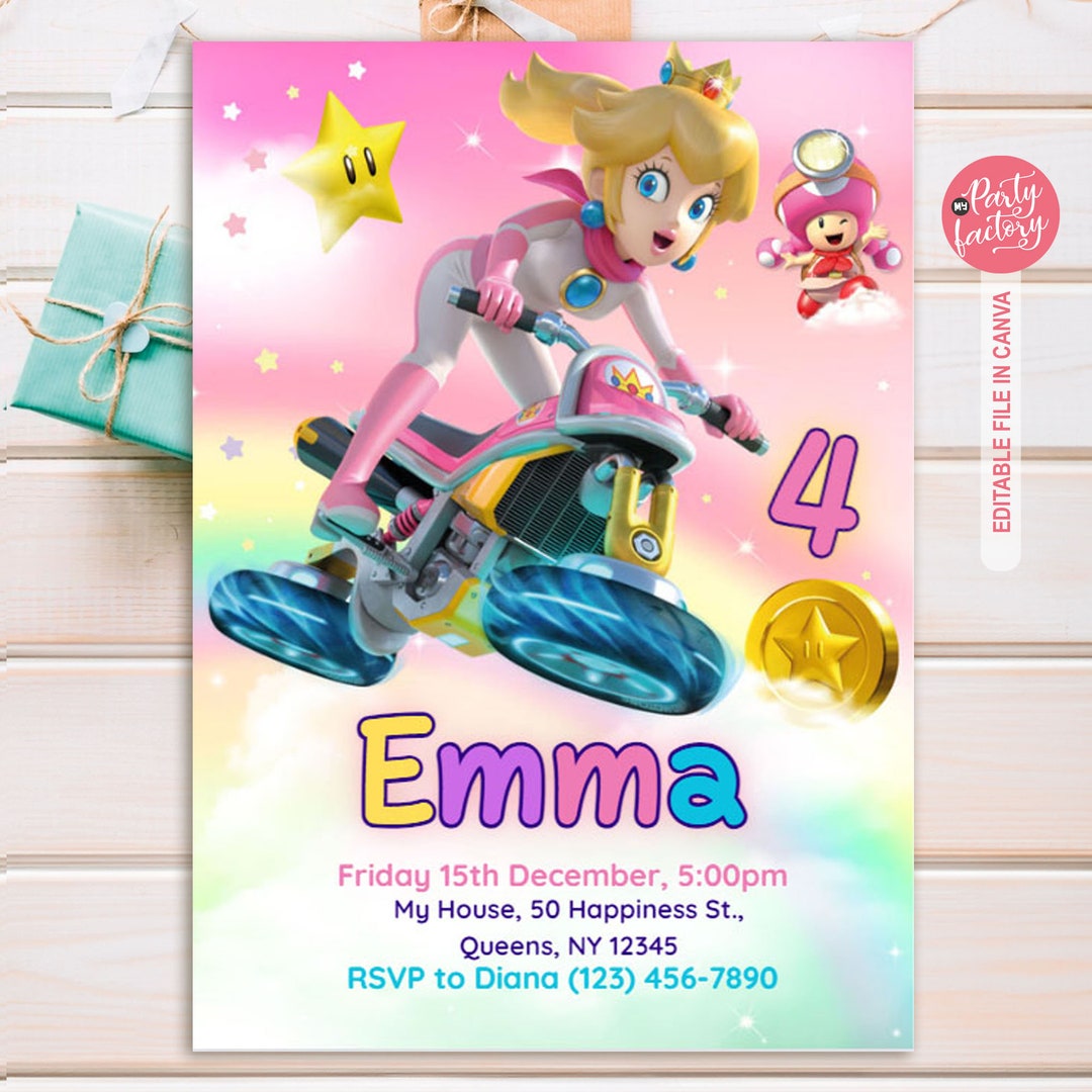 Princess Peach Birthday Invitation, Princess Peach Motorcycle Invite ...