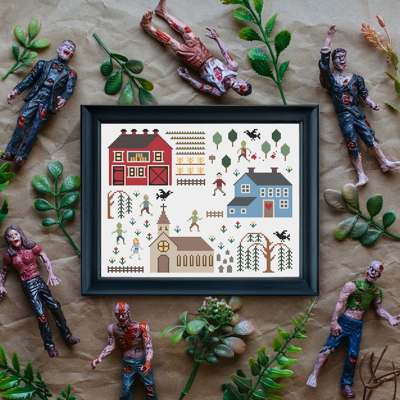 Zombie Village / Vintage Style Sampler / Cross Stitch Template Pattern ...