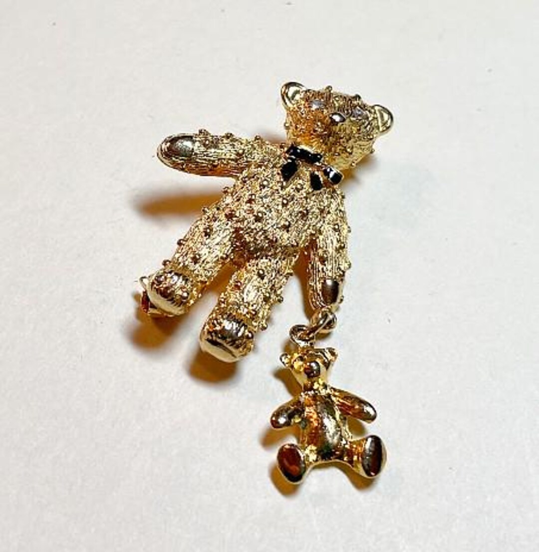 Vintage Teddy Bear With a Teddy Bear Brooch, Goldtone Textured Metal ...