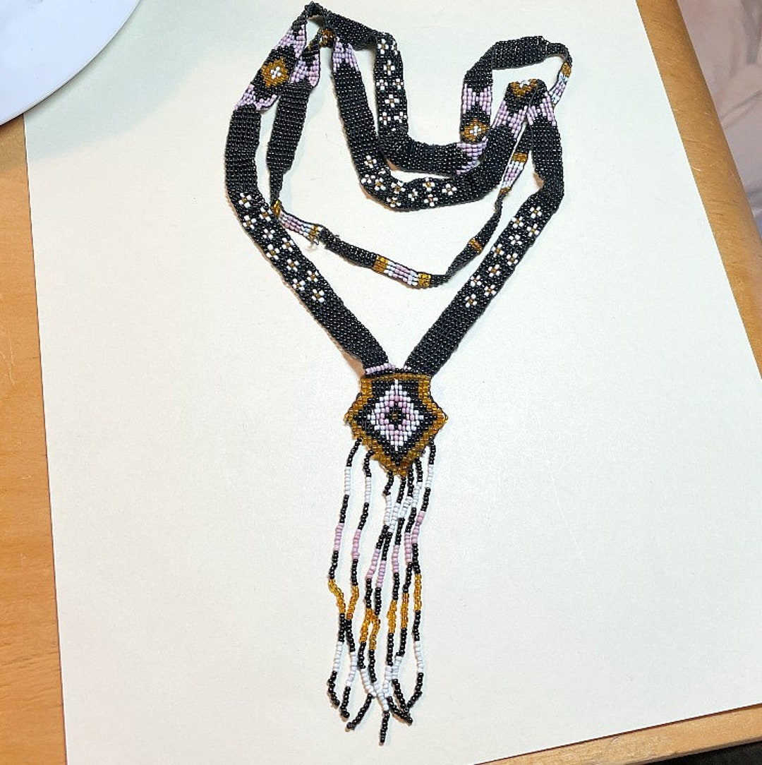 Vintage Native American Seed Beaded Necklace, 34 Inches Long, Black and ...