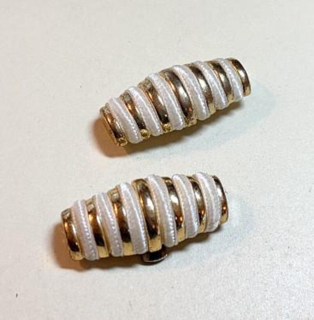 Vintage Pair of Shoe Clips, Surface Wear, Goldtone Metal, Cream Fabric ...