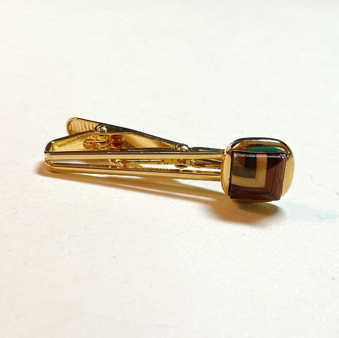 Vintage Tie Clip With Brown Wood Mosaic Inlay, Goldtone Metal, Gold Tie ...