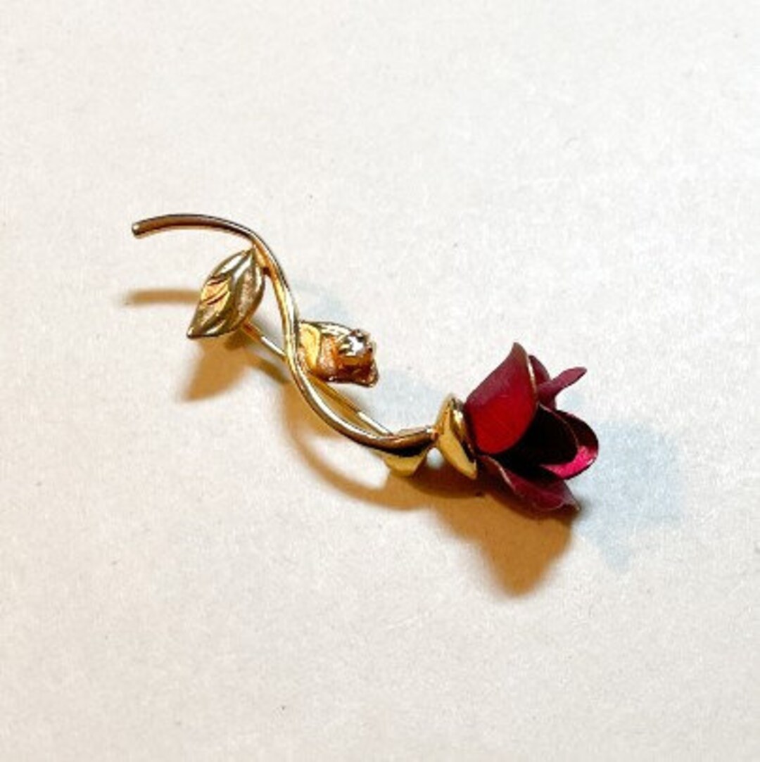 Vintage Teeny Tiny Red Rose Brooch, Goldtone and Red Metal, Single ...