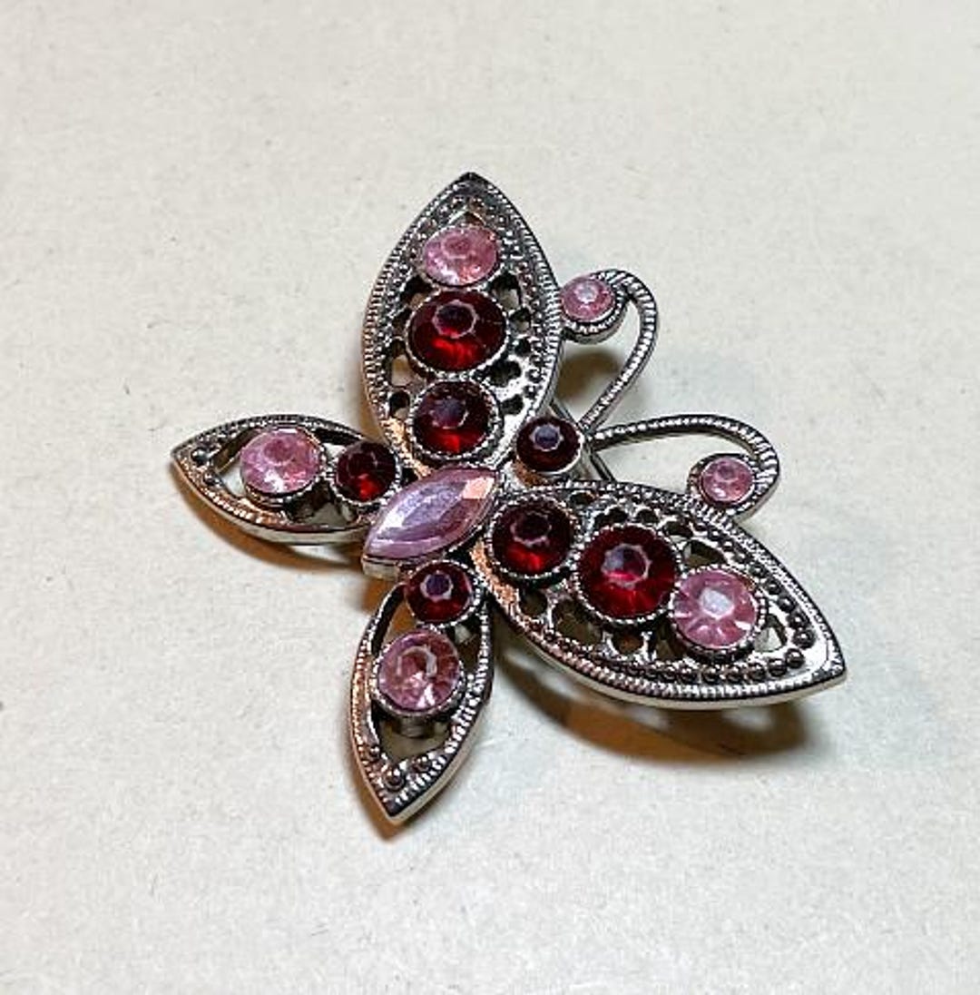 Vintage Rhinestone Butterfly Brooch, Silvertone Metal, Pink and Purple ...